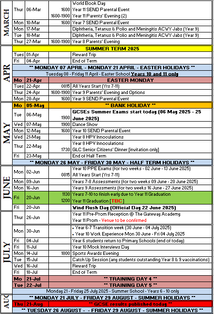 Gateway Academy - The Parental Calendar